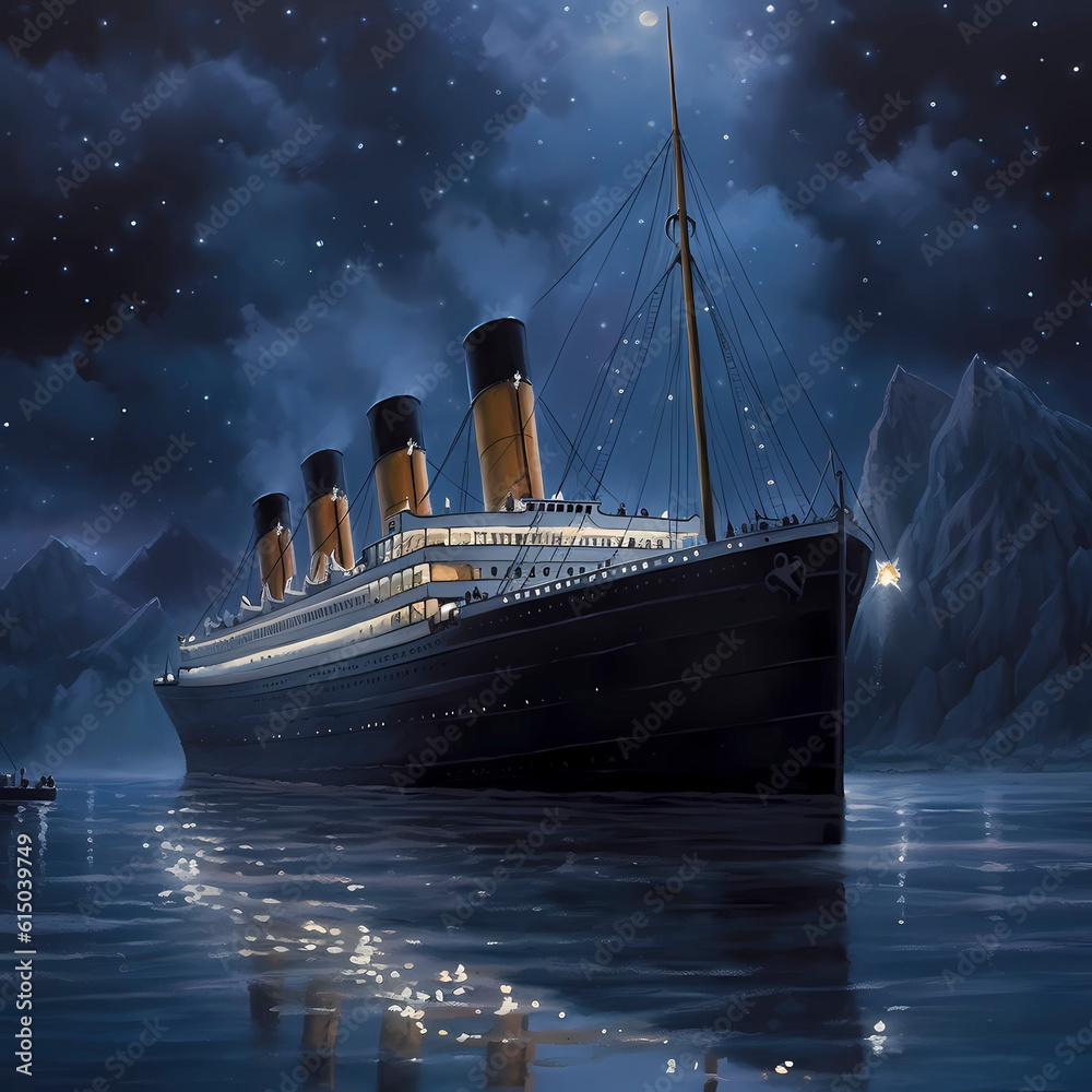 Journey of the Titanic in the Atlantic on a starry night and calm sea ...