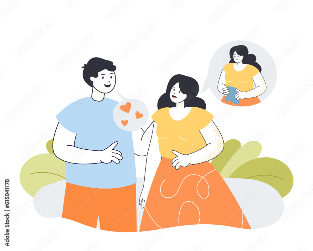 Man comforting woman talking about sad mood vector illustration. Girl ...
