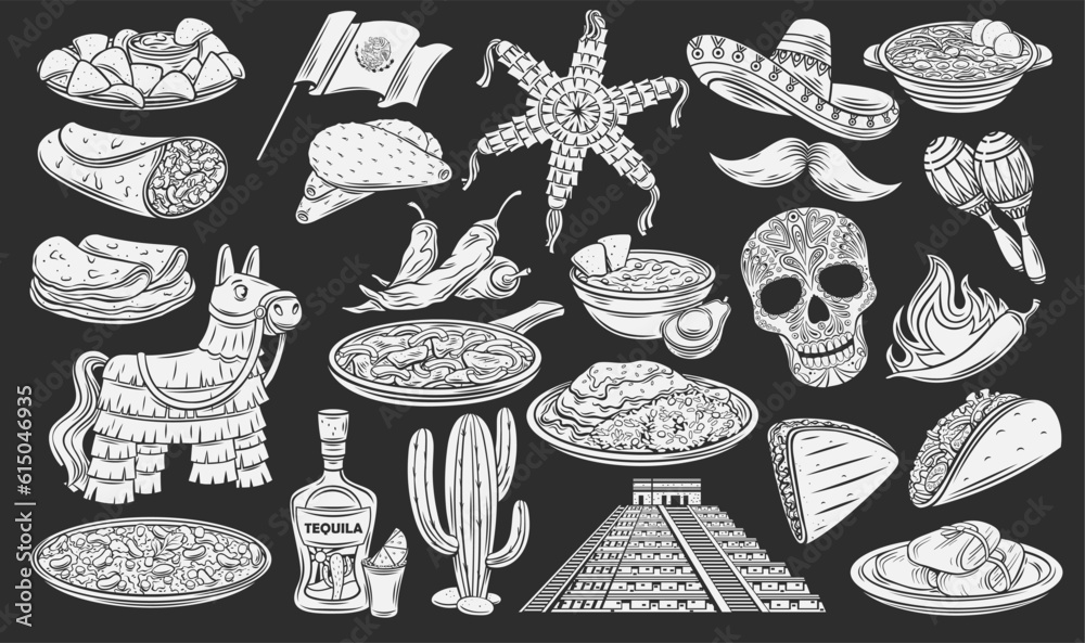 Cinco de mayo glyph icons set. Mexican food and ziggurat landmark, flag ...