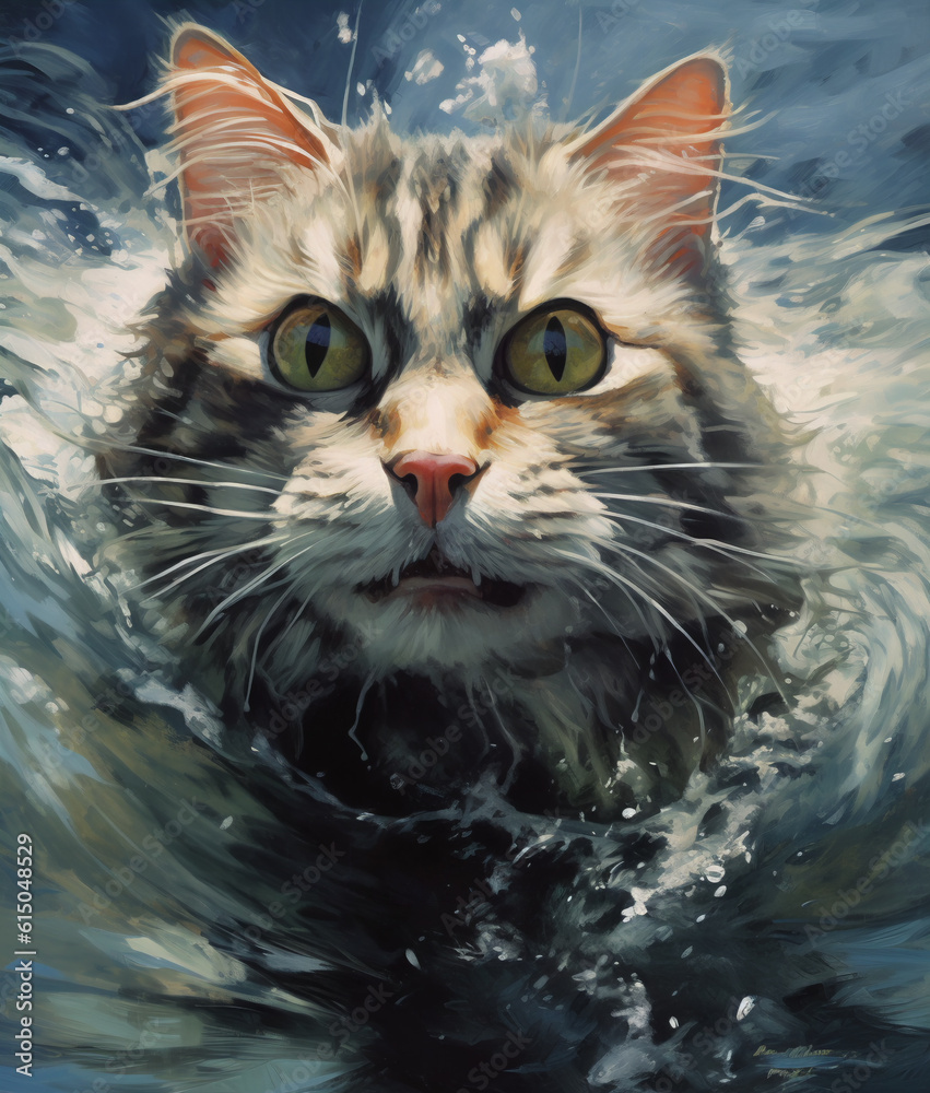AI-generated illustration of a wet cat amid a severe flood storm ...