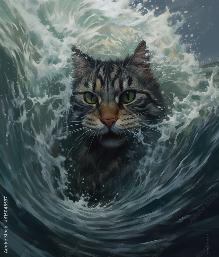 AI-generated illustration of a wet cat amid a severe flood storm ...