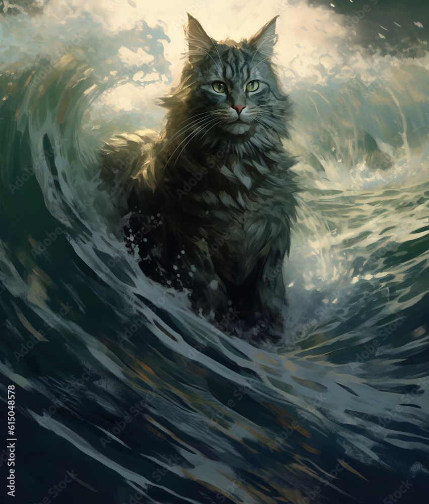 AI-generated illustration of a wet cat amid a severe flood storm ...