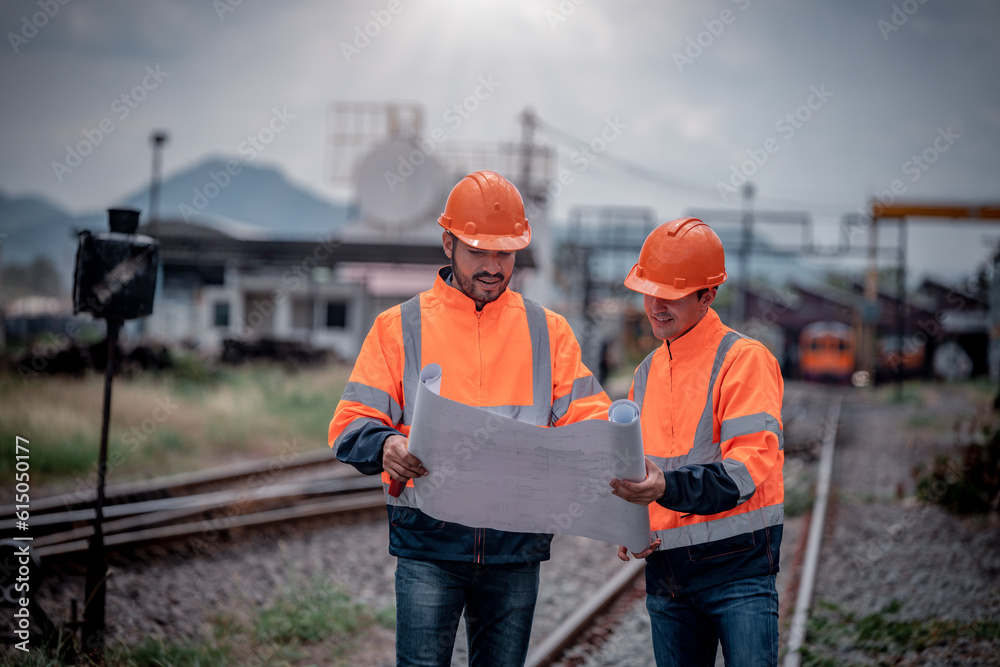 Engineer railway under inspection and checking construction railway ...