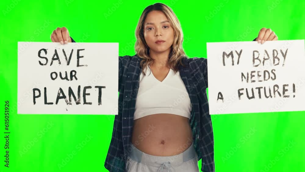 Activism, signs and woman in studio with green screen for pregnancy or ...