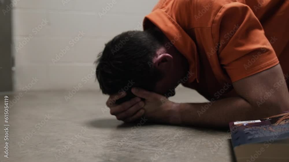 A prison inmate lays on ground crying, praying, weeping, sobbing next ...