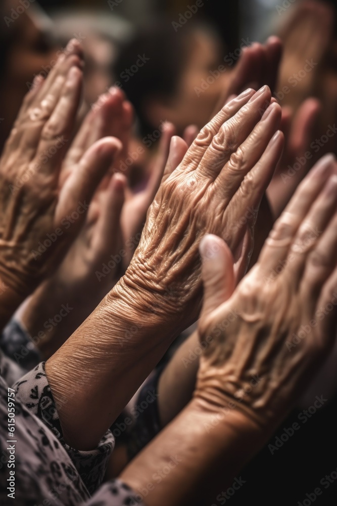 hands, faith and applause in church for worship or god praise with ...