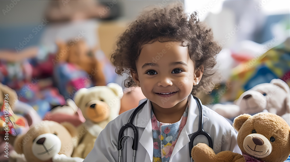 Cute kid girl playing doctor in doctors scrub suit with plush toy at ...