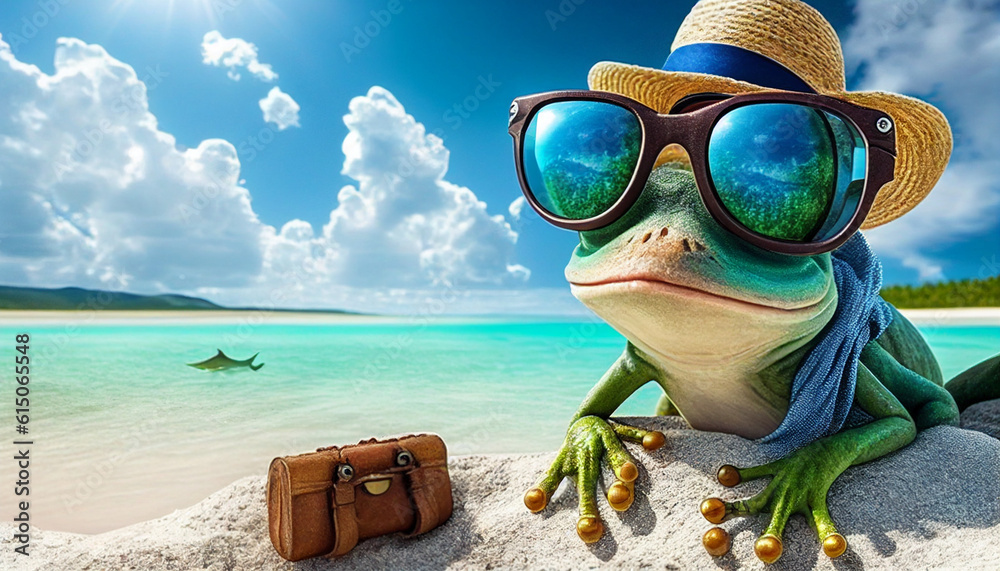 Lustiger Frosch digital am Strand mit Sonnenbrille in Urlaub ...