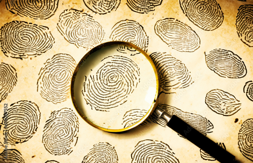 detective investigation scene with old paper, magnifier and fingerprint ...
