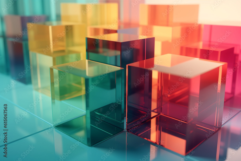 Colorful glass cubes illuminated with light and reflects colorful light ...