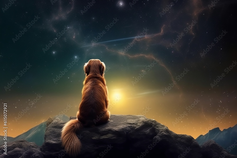 Generative AI. The golden retriever dog sits on top of a cliff among ...