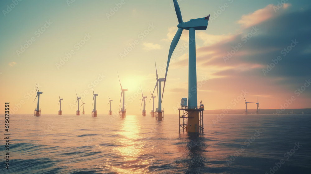 Offshore wind power farm with many wind turbines in the open sea with ...
