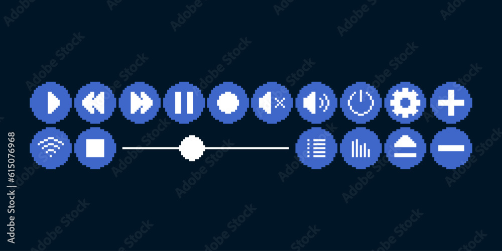 simple flat pixel art set of blue media player icons for audio or video ...