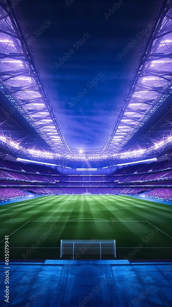 Soccer stadium grass field illuminated by spotlights and empty green ...