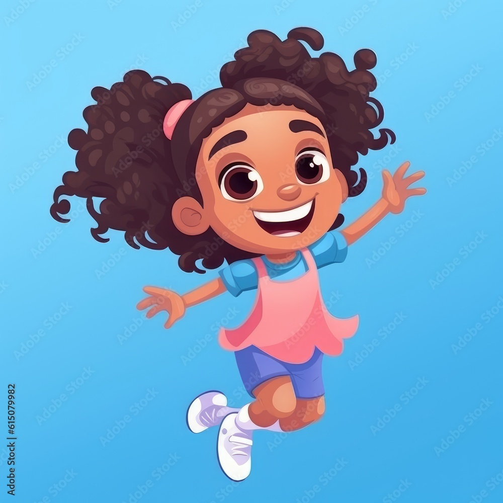 Cartoon little girl Jumping over a blue background. Creative AI Stock ... Cartoon little girl Jumping over a blue background. Creative AI Stock ...