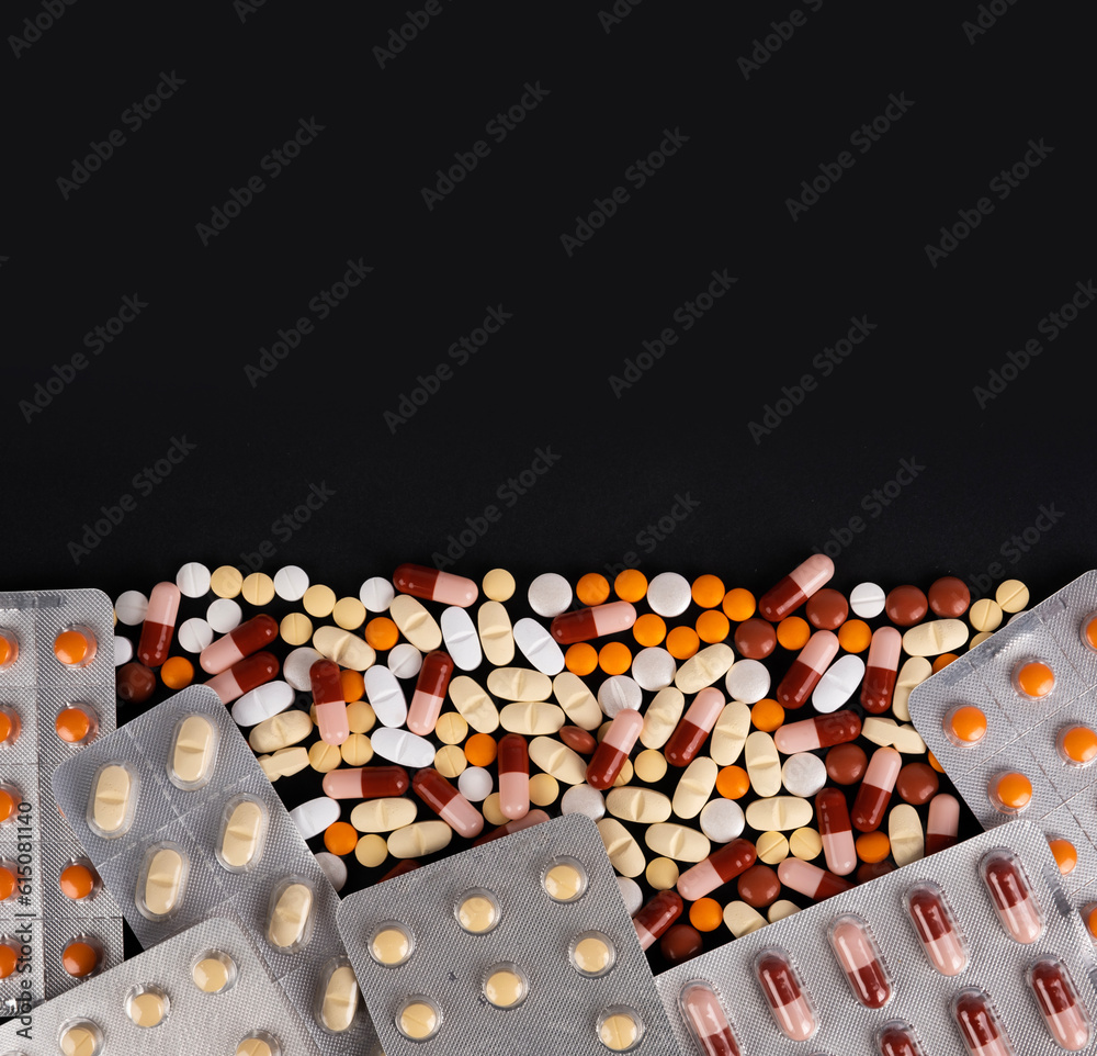 Heap of medicine pills, top view image heap of medicine pills. Bottom ...