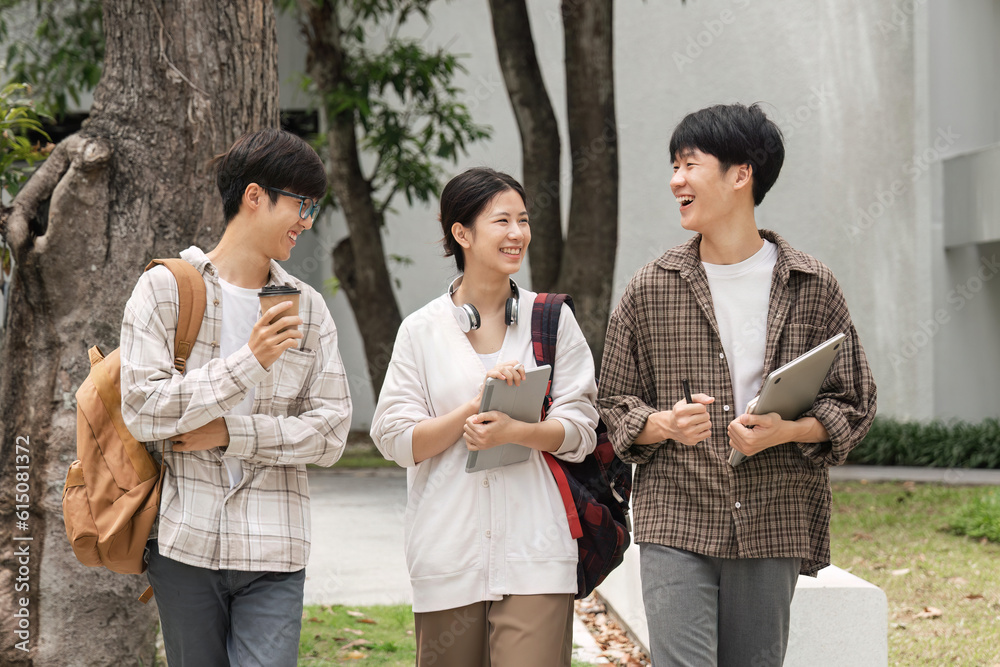 Education, friends and college with students on campus with books for ...