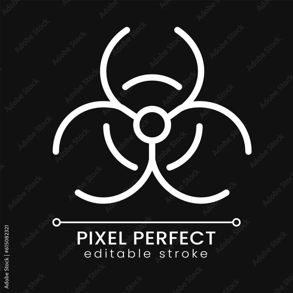 Biohazard pixel perfect white linear icon for dark theme. Warning sign ...