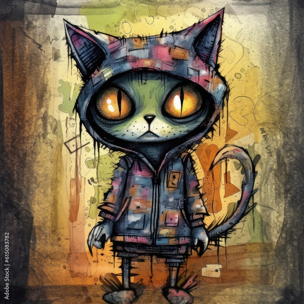 Cute emo monster cat animal illustration, charcoal hand draw ...