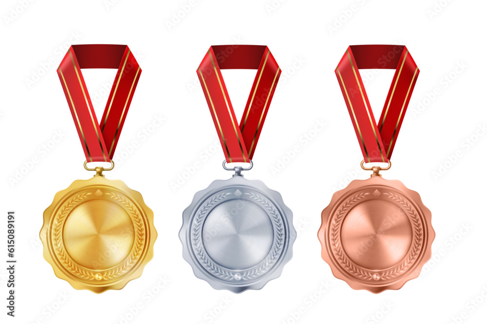 Set of realistic gold, silver, and bronze empty medals on red ribbons ...