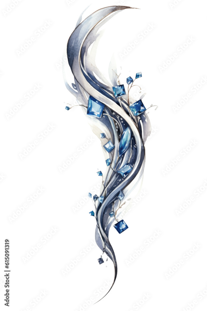 sapphire and silver swashes, watercolor paint abstract border frame for ...