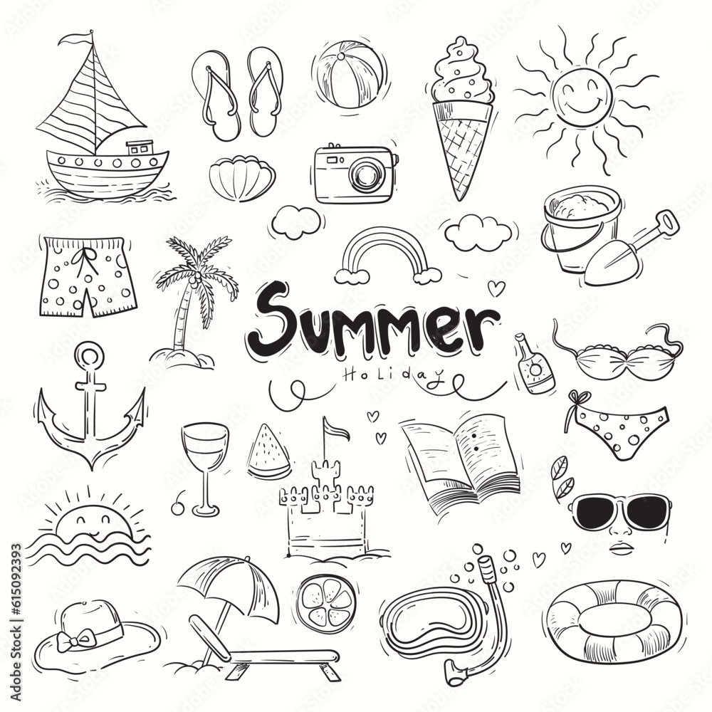 Set of summer icon doodle collection hand drawing vector illustration ...