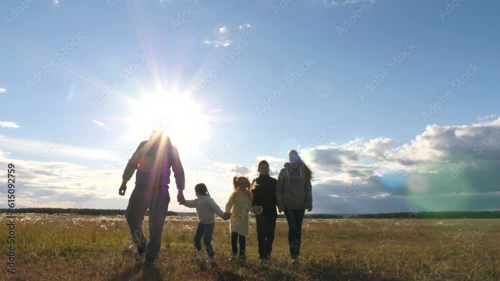 mother father child walking sunset park, girl boy son daughter happy ...
