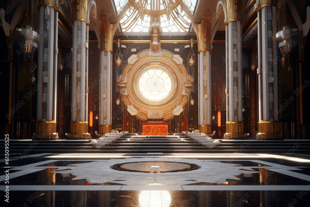 A geometric-inspired throne room with angular architecture and ...