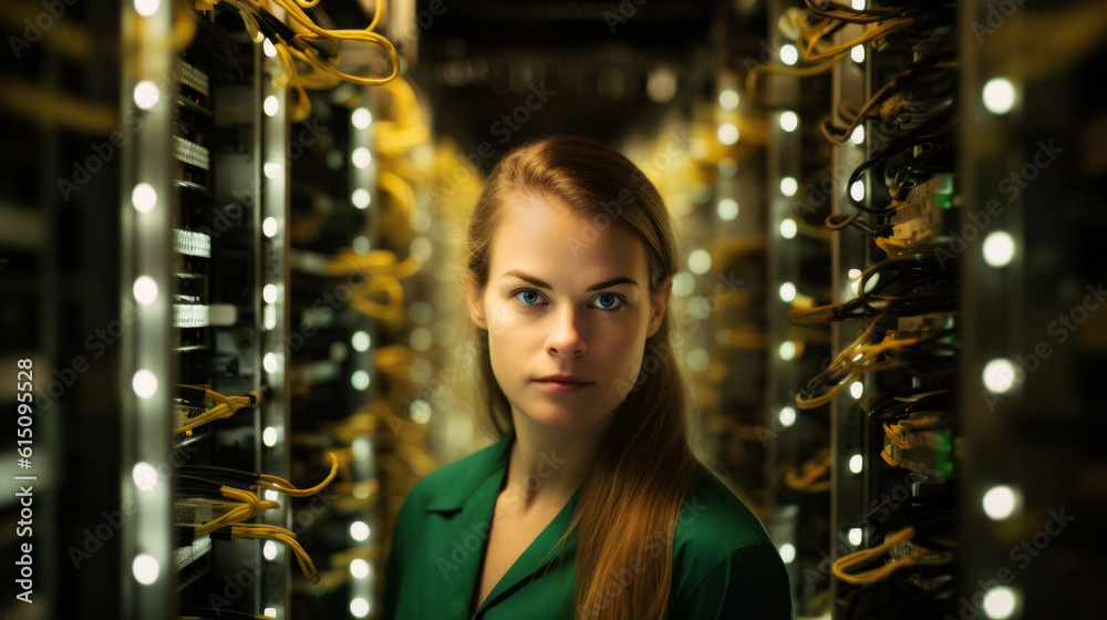 In the digital heart of a data center, a young woman IT expert weaved ...