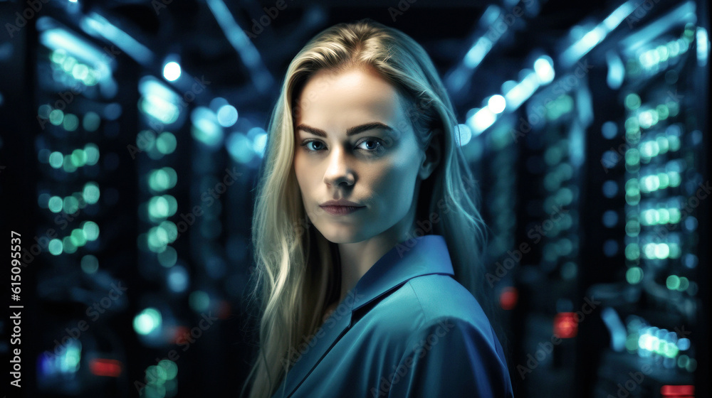 In the digital heart of a data center, a young woman IT expert weaved ...