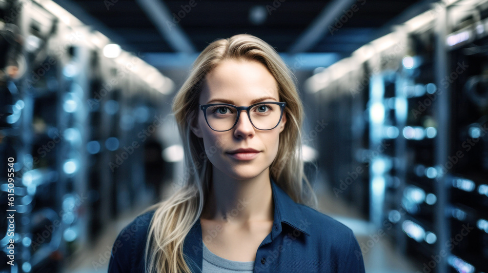 In the digital heart of a data center, a young woman IT expert weaved ...