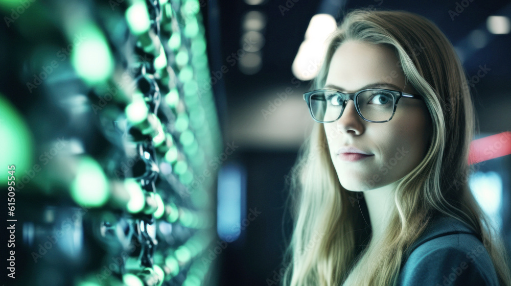 In the digital heart of a data center, a young woman IT expert weaved ...