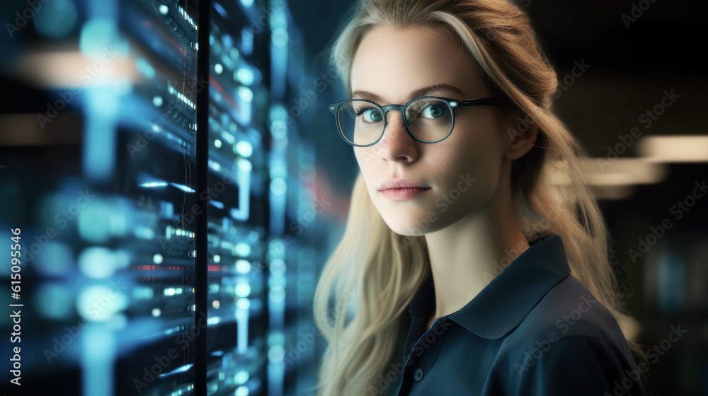 In the digital heart of a data center, a young woman IT expert weaved ...