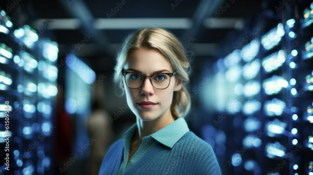 In the digital heart of a data center, a young woman IT expert weaved ...