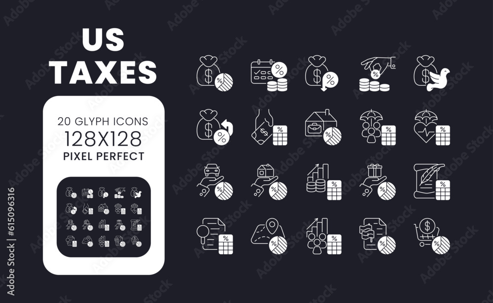 US taxes white solid desktop icons set. Government revenue collection ...