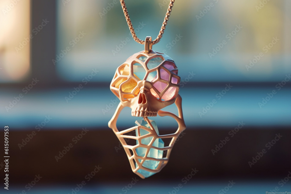 A pastel-colored geometric-inspired skeleton pendant necklace with ...