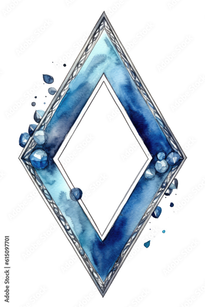 sapphire and silver swashes, watercolor paint abstract border frame for ...