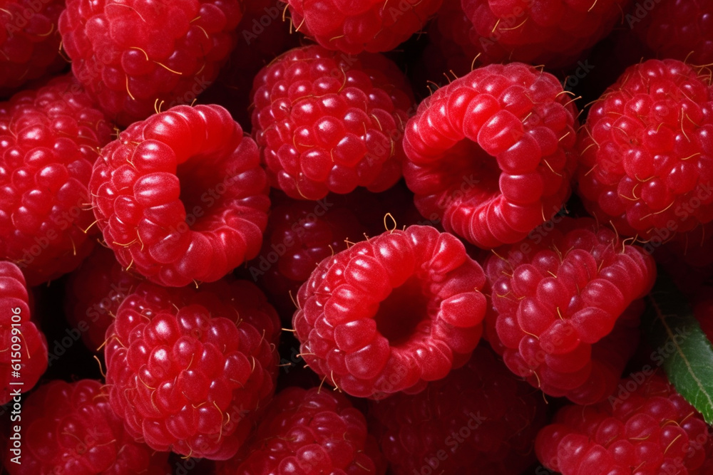 A close-up photograph of a bunch of plump, red raspberries, with their ...