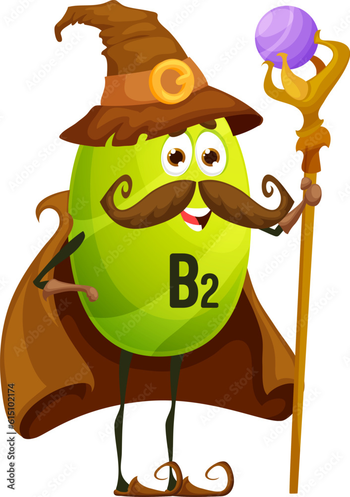 Cartoon vitamin B2 wizard character Vector funny riboflavin capsule ...