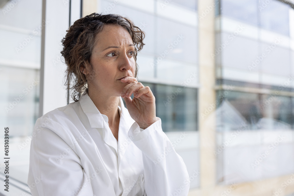 Worried and stressed female doctor looking out of the window in a ...