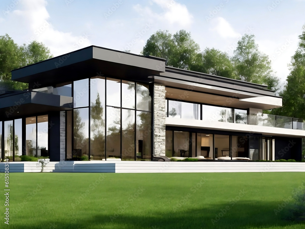 3D visualization of a modern one-story house with a flat roof and a ...