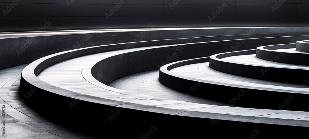 Rounded architecture of stairs. Curvilinear steps. Modern minimalistic ...