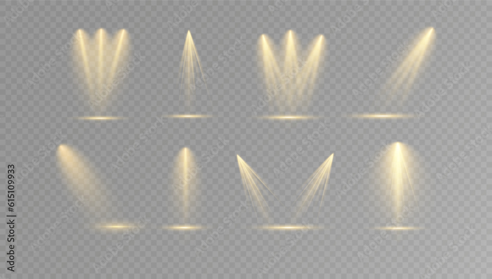 Spotlight. Vector set of light. Studio lighting. Stage spotlight. Rays ...
