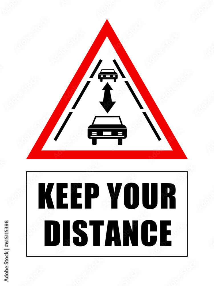 Keep your distance, triangle warning road sign with two moving cars far ...
