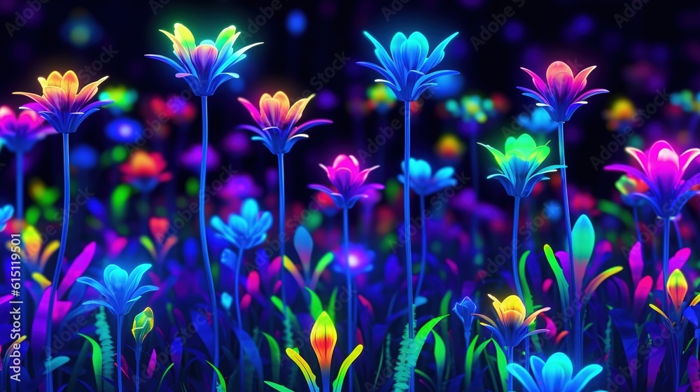 Futuristic flower field background. Glade with purple flowers in neon ...