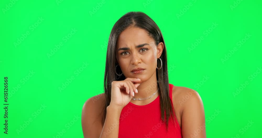 Thinking, face and green screen woman planning ideas, strategy plan or ...