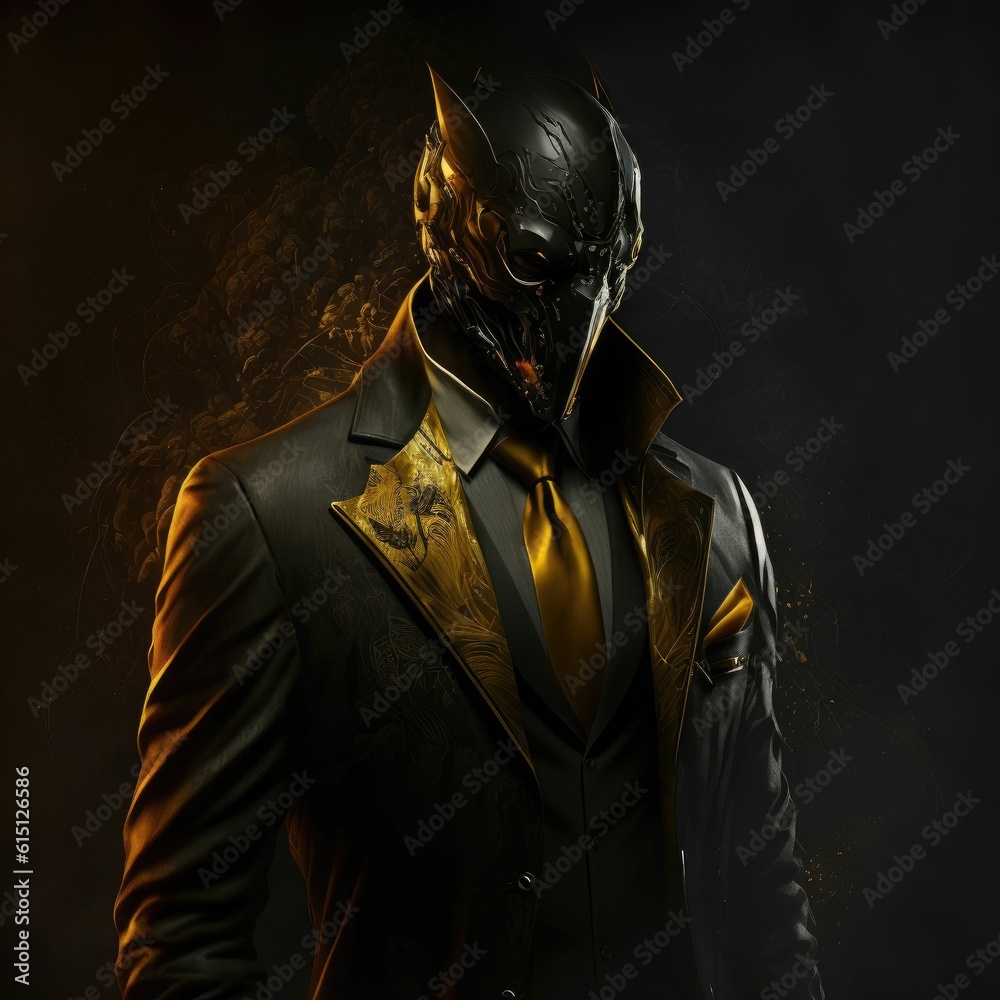 Sinister corporate overlord in a masked villain persona wearing a suit ...