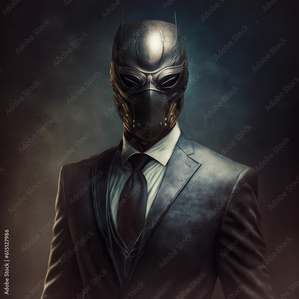 Sinister corporate overlord in a masked villain persona wearing a suit ...