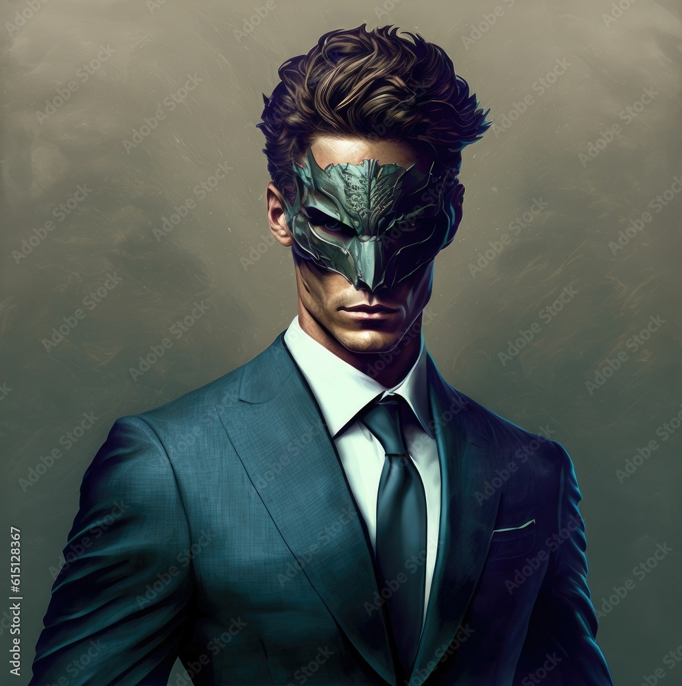 Sinister corporate overlord in a masked villain persona wearing a suit ...