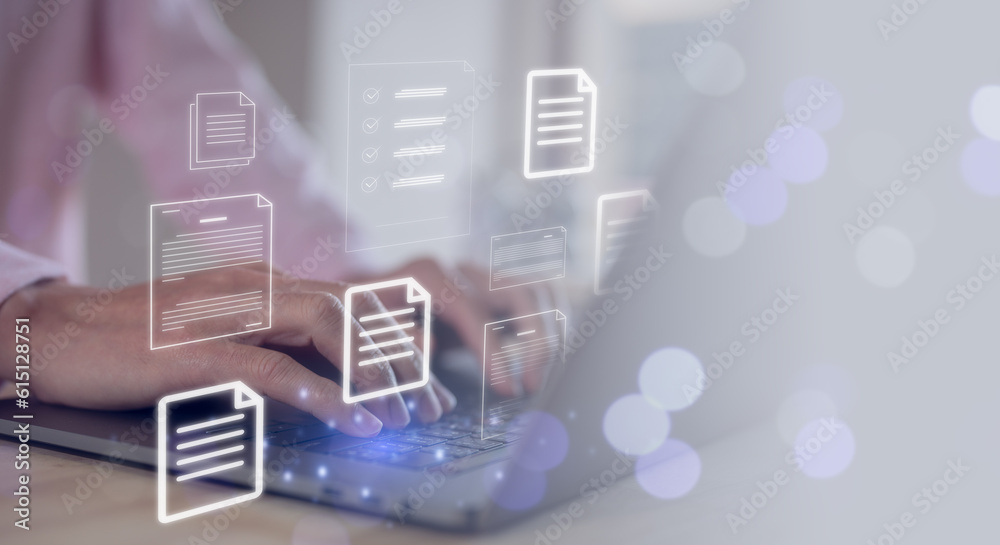 Document data system Report HR technology Concept, Businessman Manager checking white documents ...